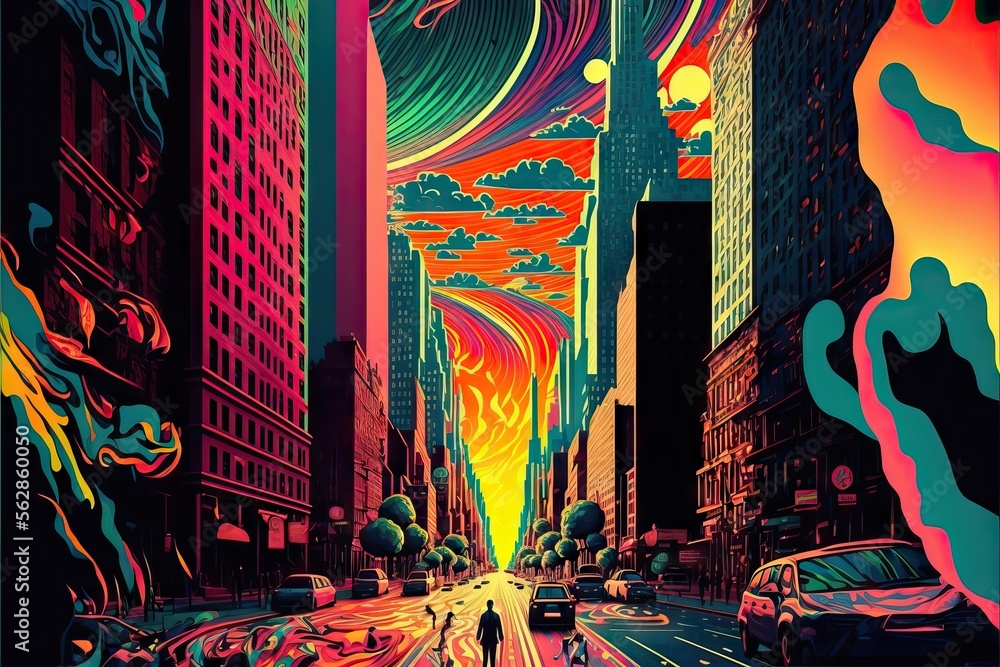 Psychedelic City, With Lisergic visions between buildings, cars, houses, trees, streets, asphalt ...