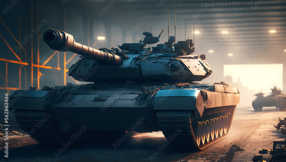 Modern Military battle tank getting ready on mission, sunlight. Modern ...