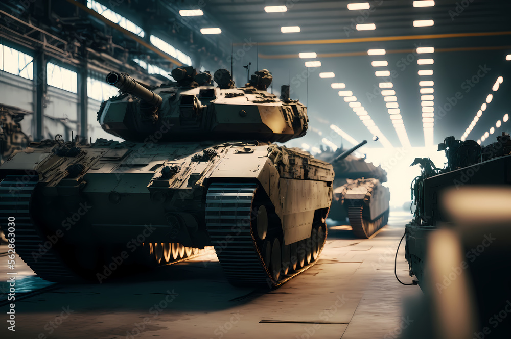 Military Factory weapon Battle tanks. Warehouse modern of army ...