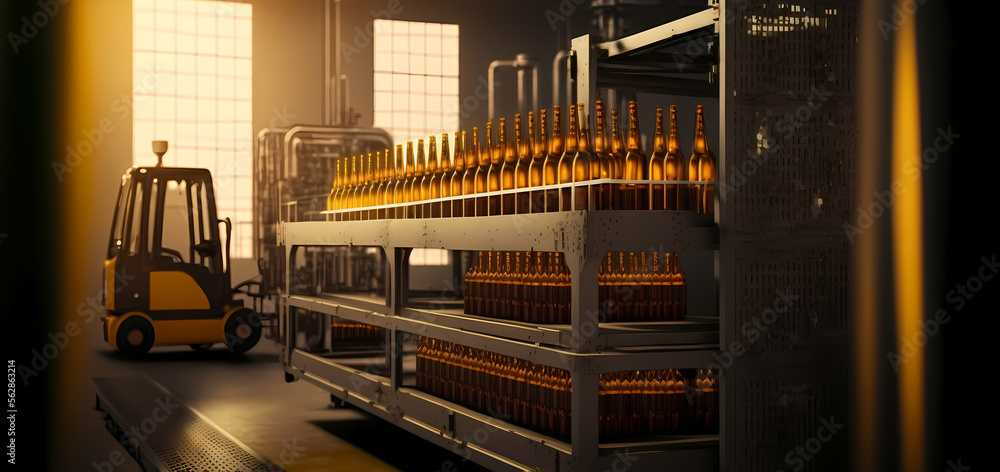 Banner drink Warehouse, Glass bottles of beer on dark background with ...
