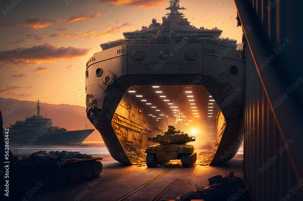 Loading military equipment battle tanks on warship for transportation ...