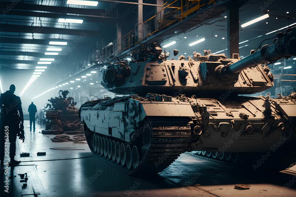 Military Factory weapon Battle tanks. Warehouse modern of army ...