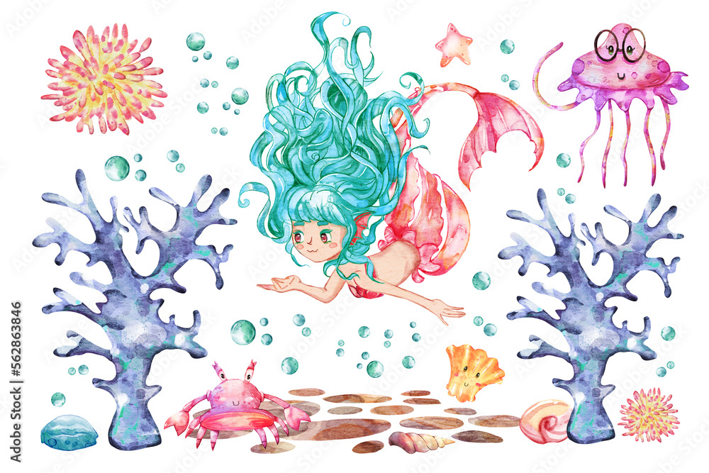 Cute Underwater Watercolor, Sea animals Nursery Decor, Cute Mermaid ...