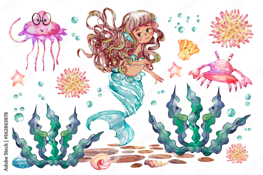Cute Underwater Watercolor, Sea animals Nursery Decor, Cute Mermaid ...