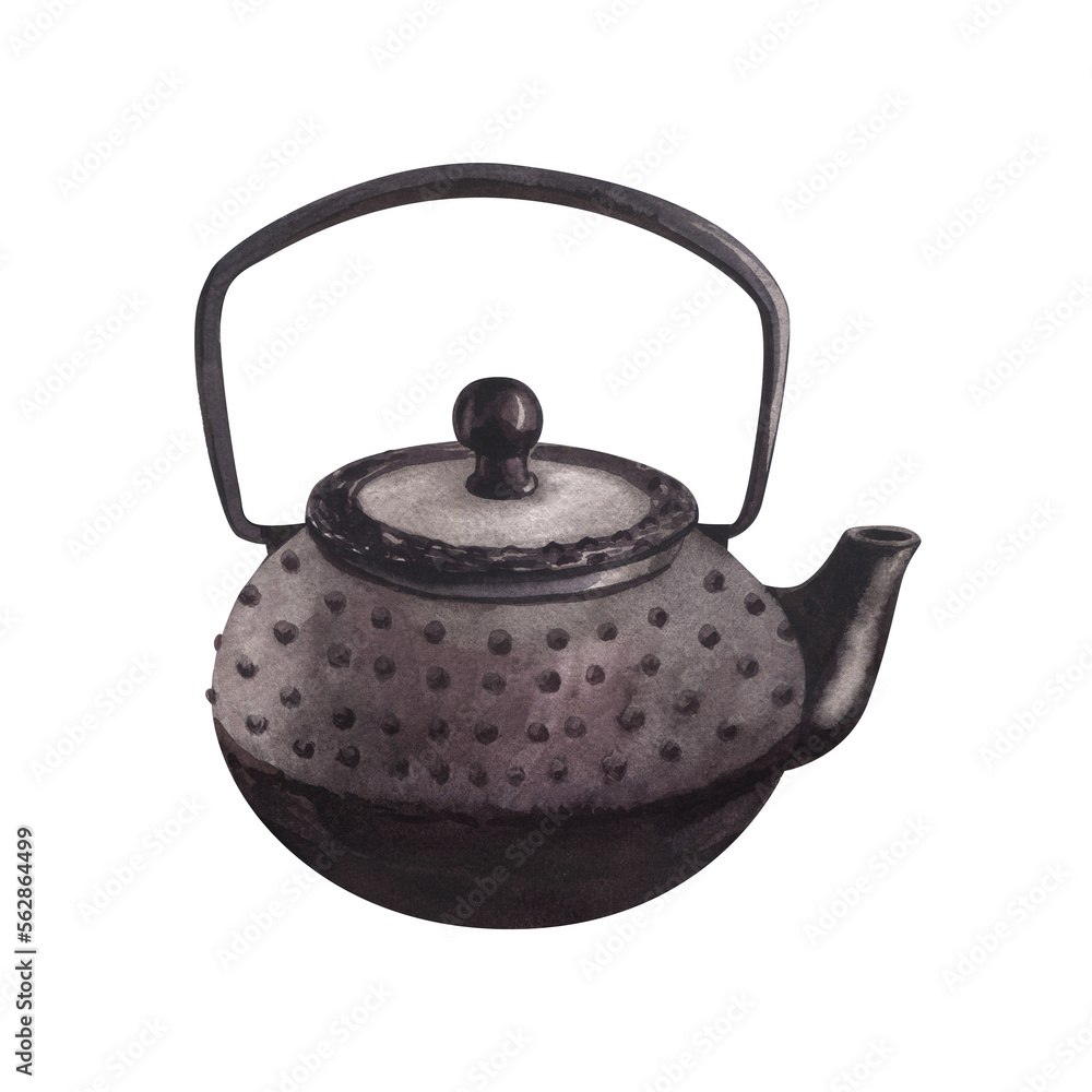 Watercolor dark chinese teapot. Traditional japanese and chinese tea ...