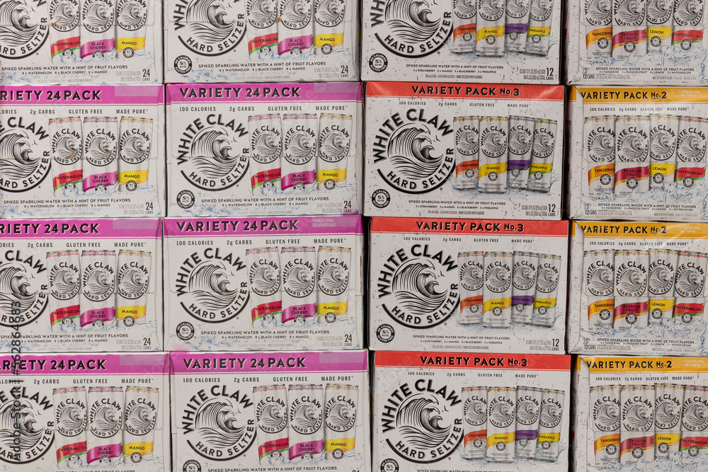 White Claw Hard Seltzer display. White Claw is a popular flavored malt ...