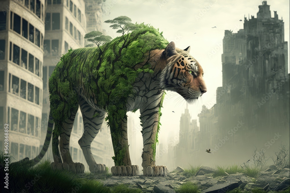 Nature outlives earthly creatures. Symbolic illustration of a tiger ...