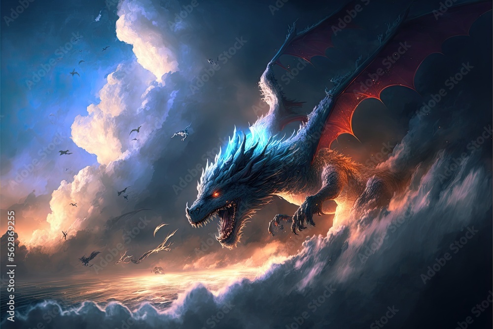 An epic fantasy illustration, featuring a dragon flying through clouds ...