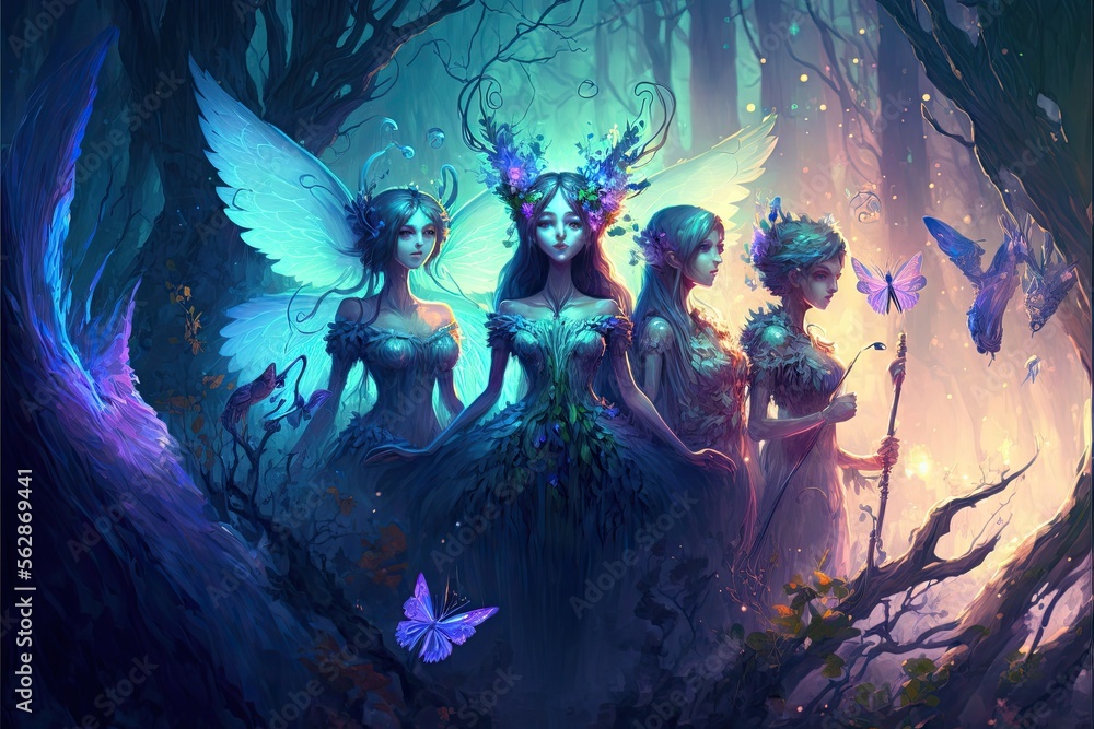 An epic fantasy illustration, featuring a group of fairies, beautiful ...