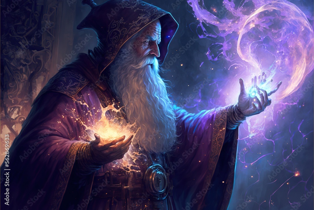 An epic fantasy illustration, featuring a powerful wizard casting a spell, beautiful magic ...