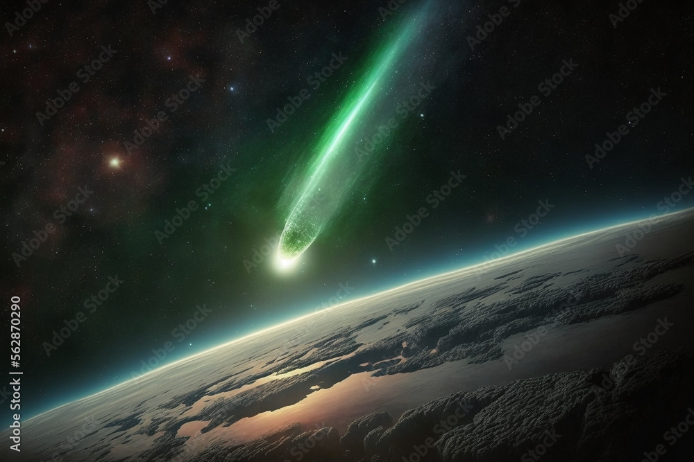 green comet passes by a planet - Generative AI Stock Illustration ...