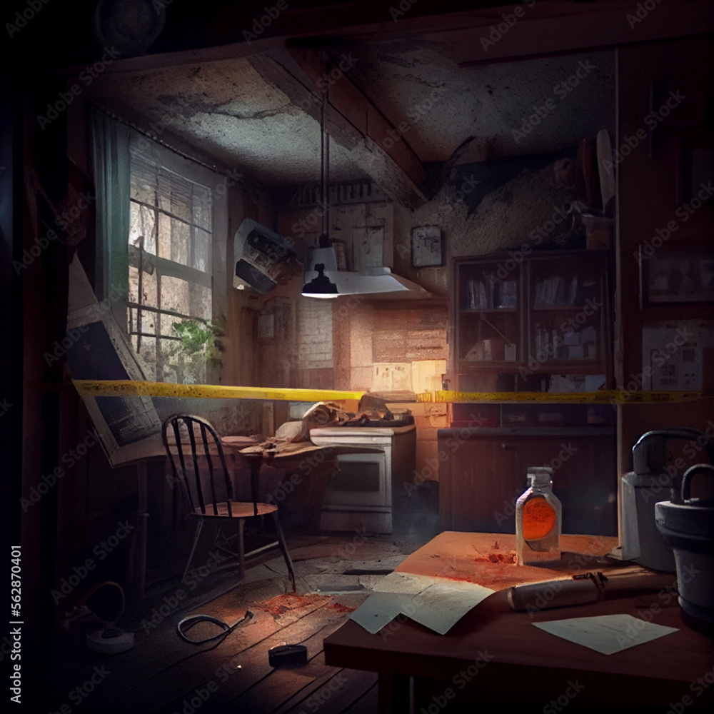 Terrifying crime scene with police thief blood murderer. Stock ...