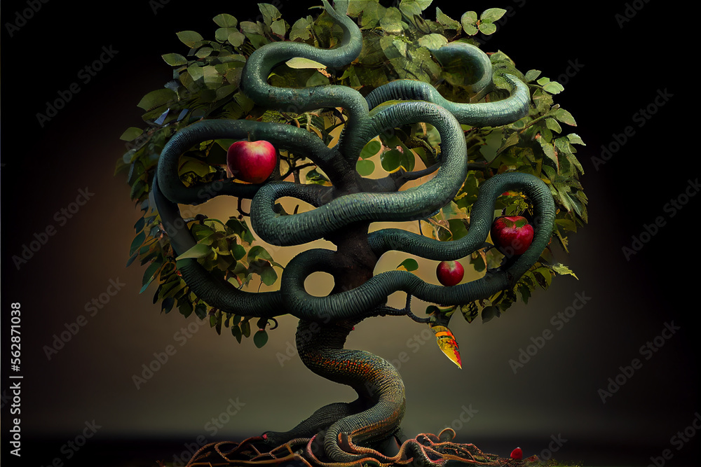 The biblical tree of knowledge with the apples and the serpent, generative AI Stock Illustration ...