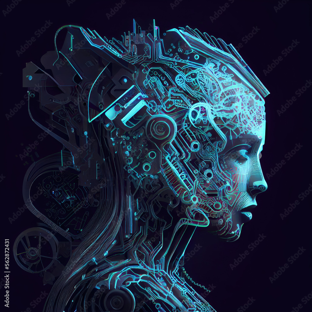 Head with gears, cyberpunk cyborg - By Generative AI Stock Illustration ...