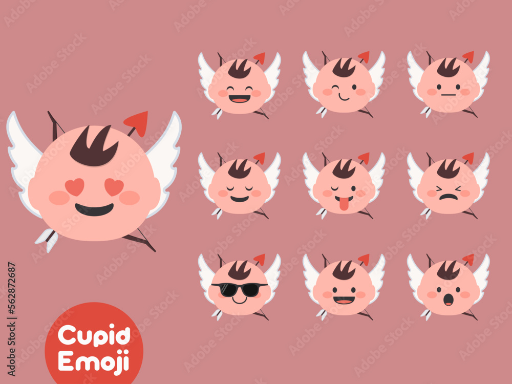 Cupid emoji set with cute and different faces and emotions. Flat vector ...