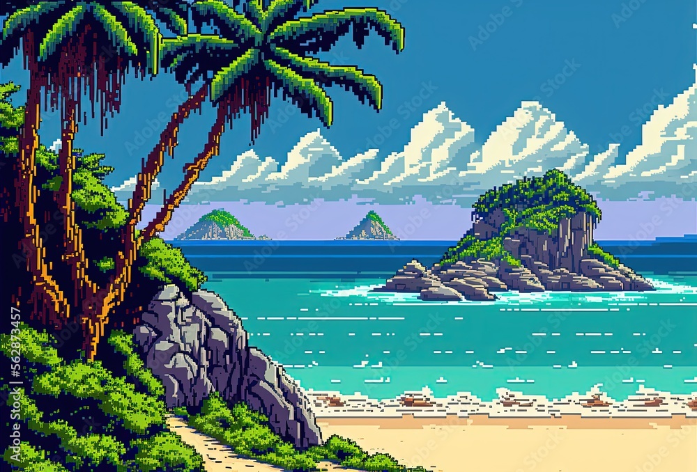 Pixel art beach with coconut trees and clouds in the sky, background in ...