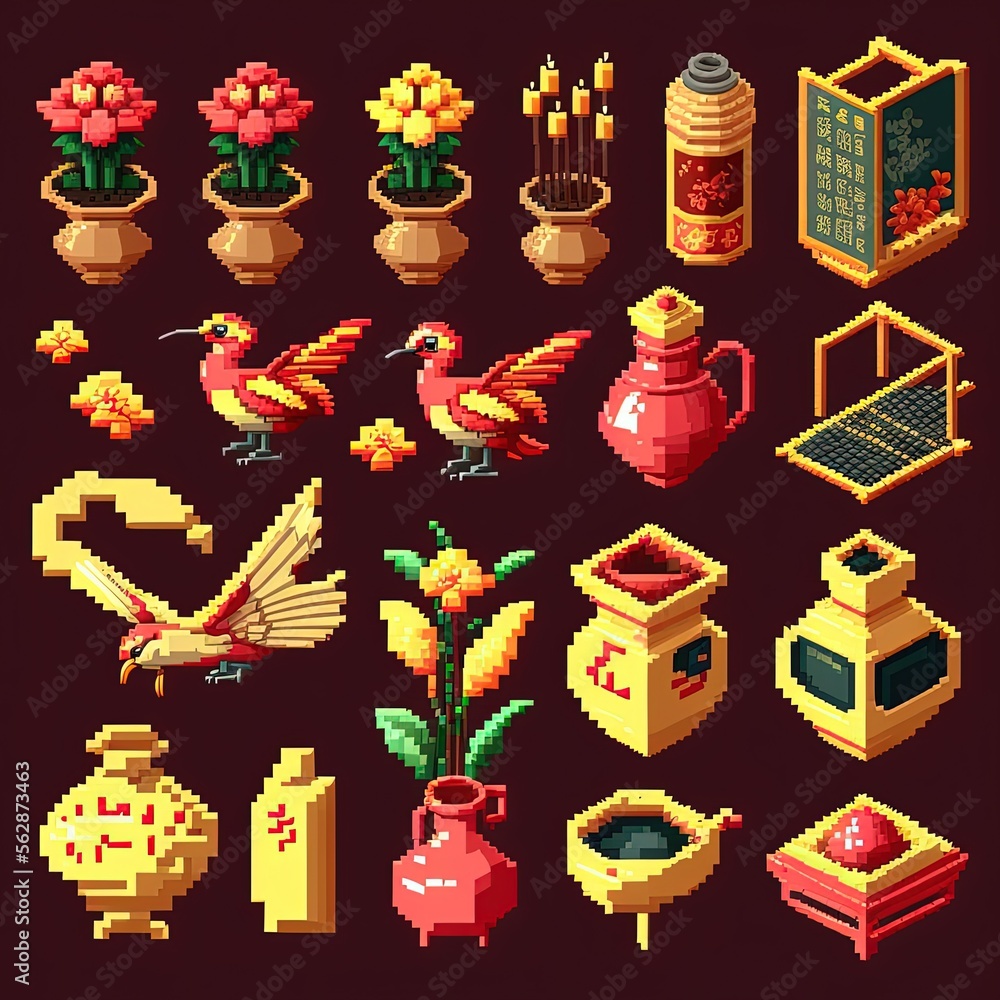 Pixel art chinese new year icon set, collection of chinese objects ...
