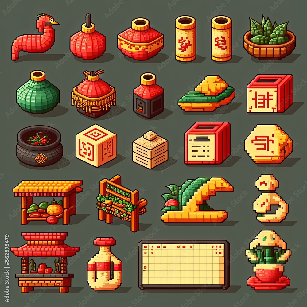 Pixel art chinese new year icon set, collection of chinese objects ...