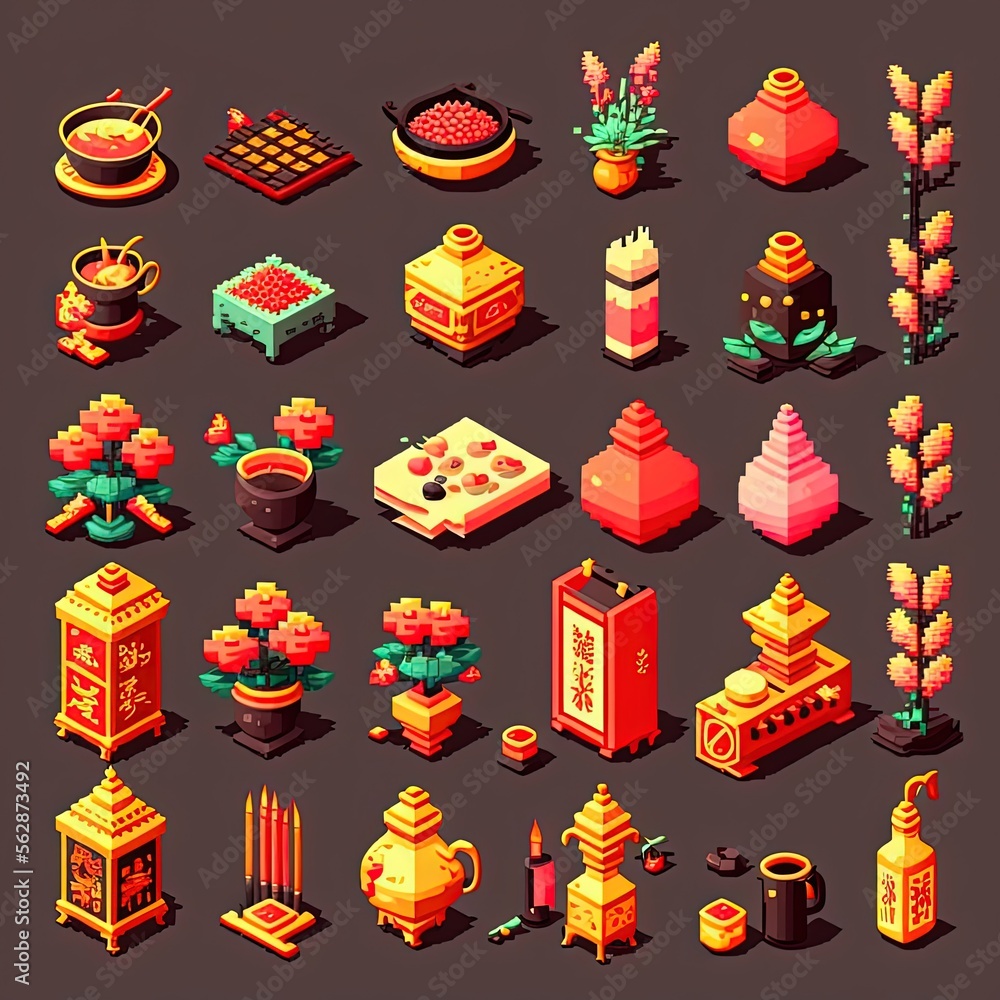Pixel art chinese new year icon set, collection of chinese objects ...