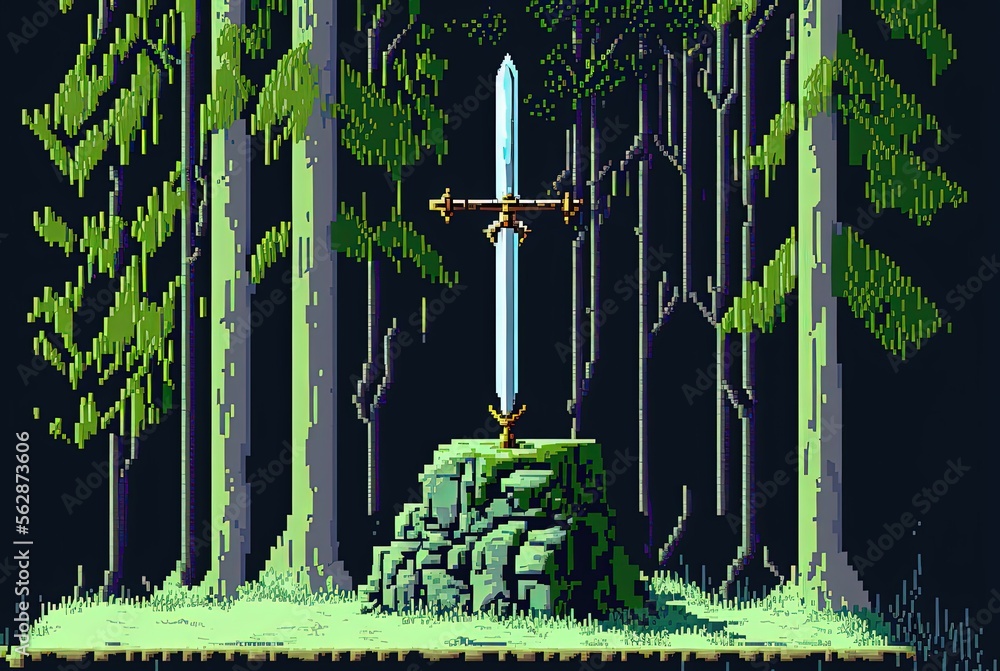 Pixel art sword stuck in stone in forest, excalibur sword, background ...