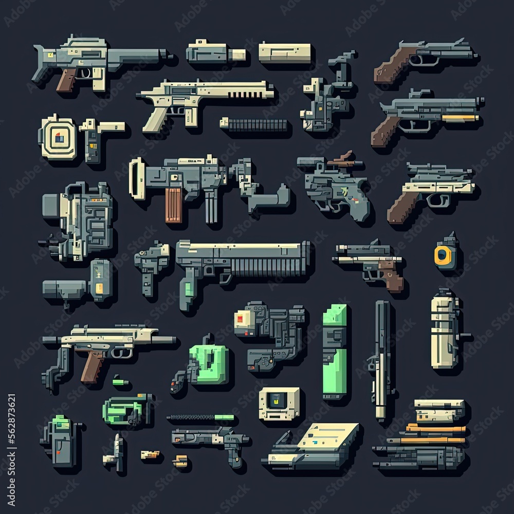 Pixel art firearms set, weapons collection, retro style item for 8 bit ...
