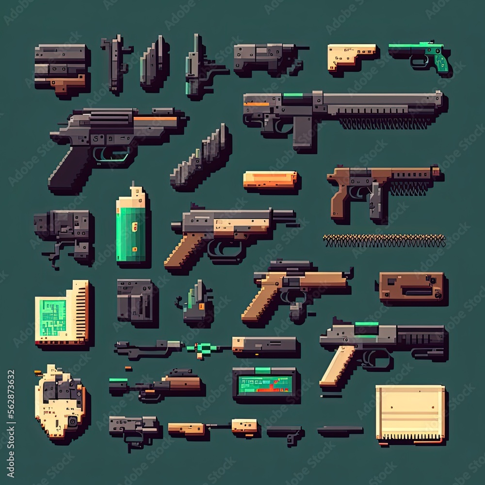 Pixel art firearms set, weapons collection, retro style item for 8 bit ...