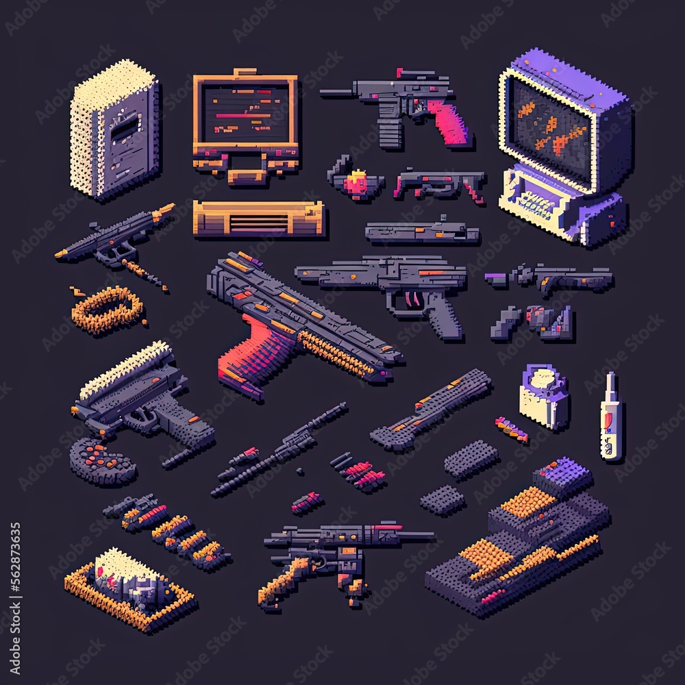 Pixel art firearms set, weapons collection, retro style item for 8 bit ...