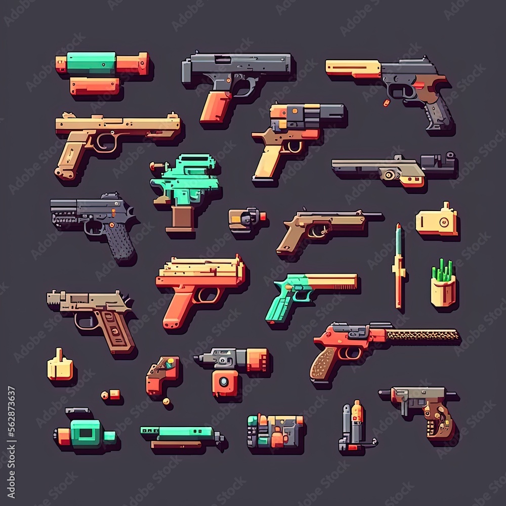 Pixel art firearms set, weapons collection, retro style item for 8 bit ...