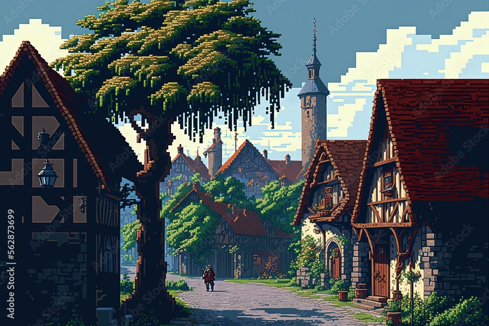 Pixel art medieval village, middle age houses, village with castle ...