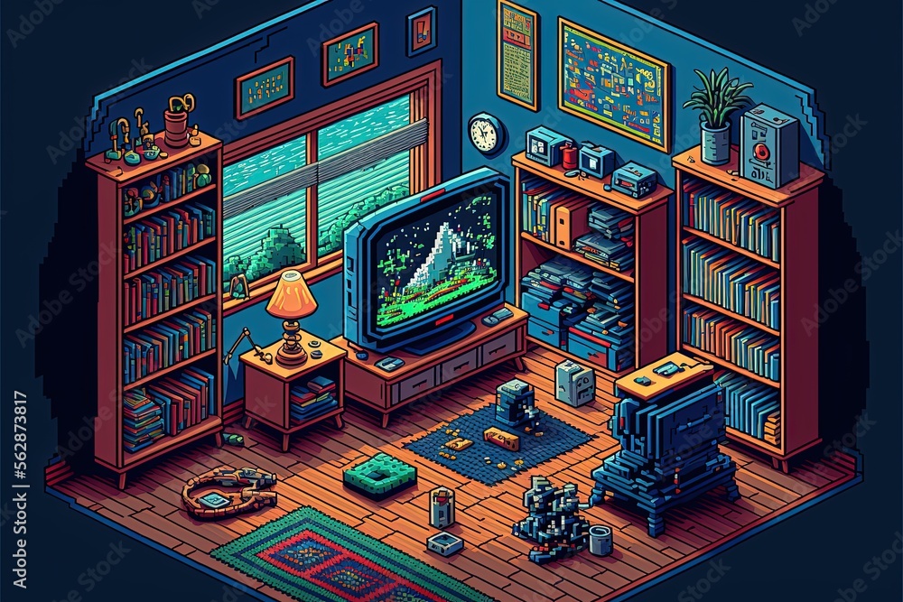 Pixel art game room, bedroom with video game consoles, background in retro style for 8 bit game ...