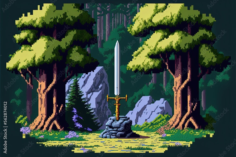 Pixel art sword stuck in stone in forest, excalibur sword, background ...