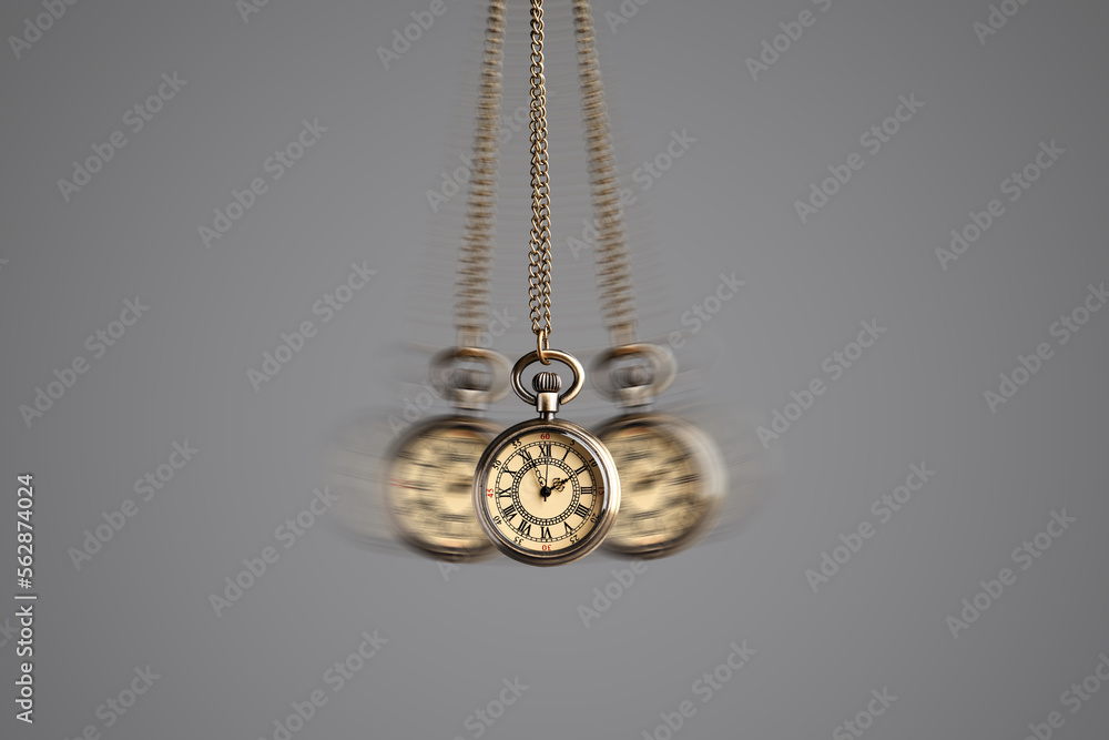 Hypnosis session. Vintage pocket watch with chain swinging on grey ...