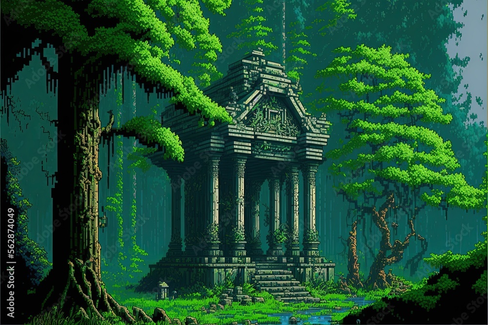 Pixel art ancient temple in the forest, temple ruins, background in ...