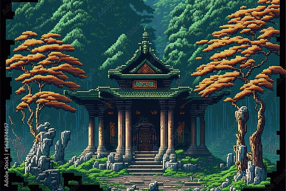 Pixel art ancient temple in the forest, temple ruins, background in ...