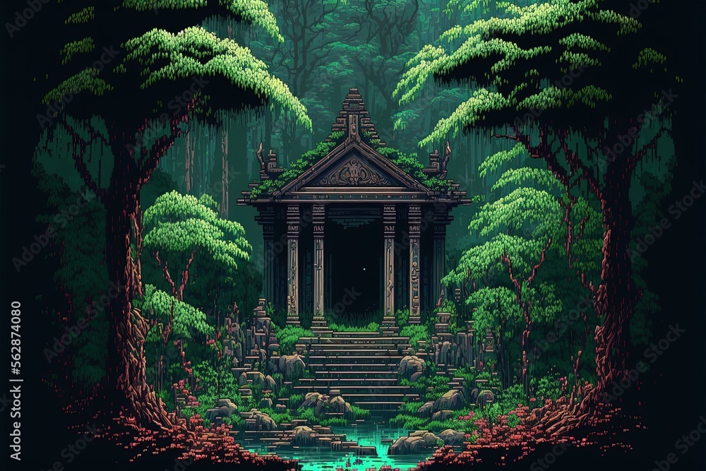 Pixel art ancient temple in the forest, temple ruins, background in ...