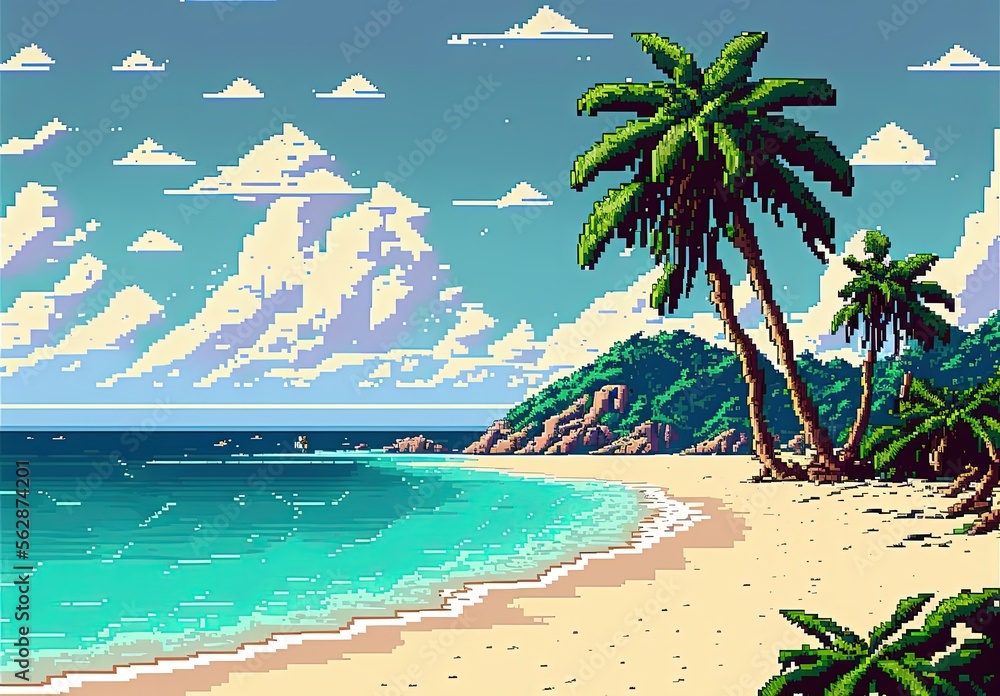 Pixel art beach with coconut trees and clouds in the sky, background in ...