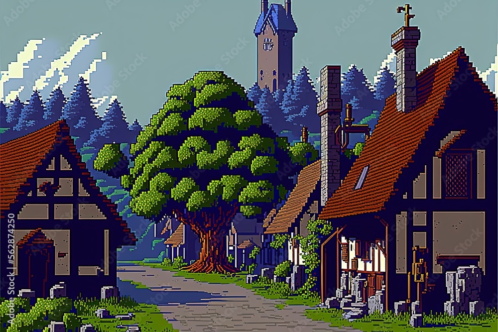 Pixel art medieval village, middle age houses, village with castle ...
