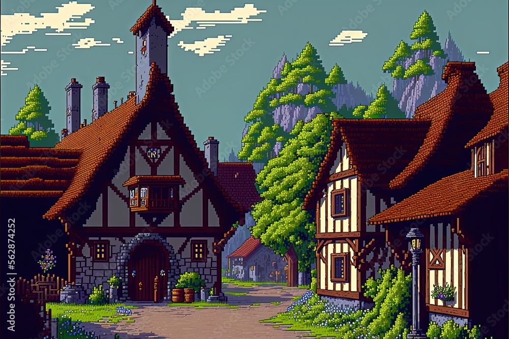Pixel art medieval village, middle age houses, village with castle, buildings and trees ...
