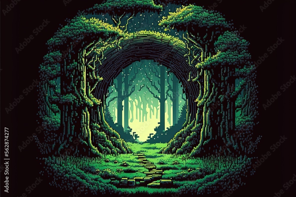 Pixel art magic portal in mystical forest, portal to fantasy dimension ...
