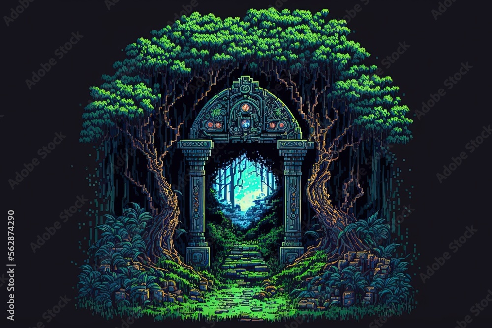 Pixel art magic portal in mystical forest, portal to fantasy dimension ...