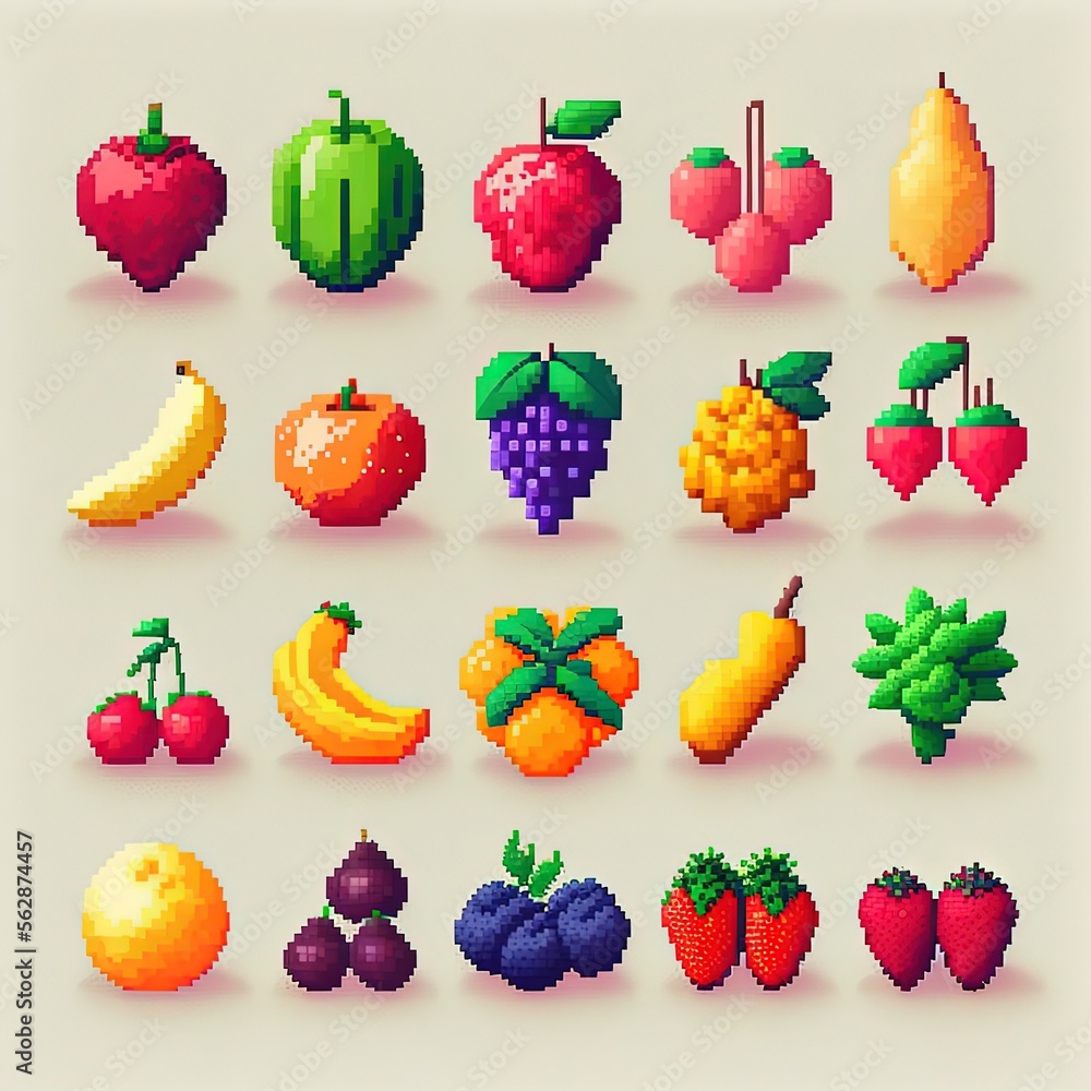 Pixel art fruit set, fruit collection, retro style item for 8 bit game ...