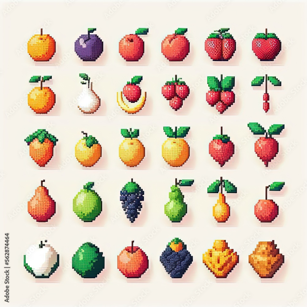 Pixel art fruit set, fruit collection, retro style item for 8 bit game ...