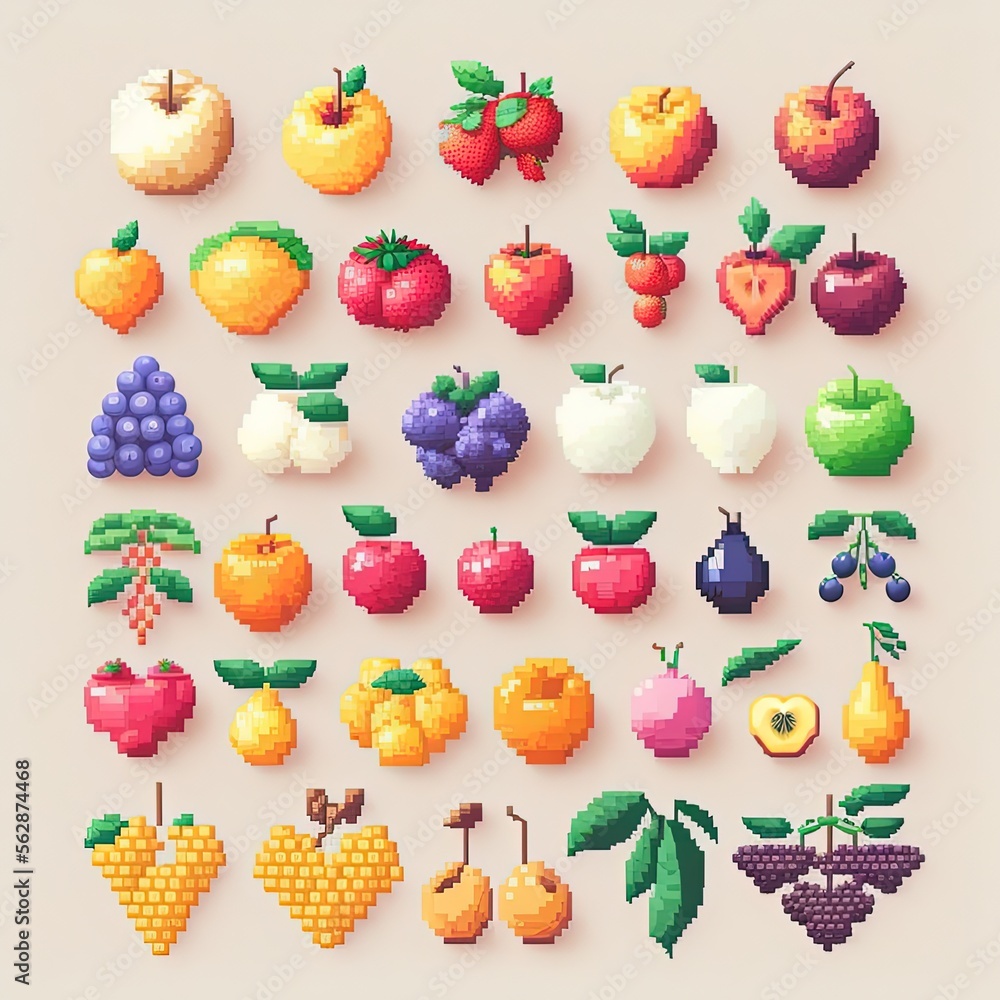 Pixel art fruit set, fruit collection, retro style item for 8 bit game ...