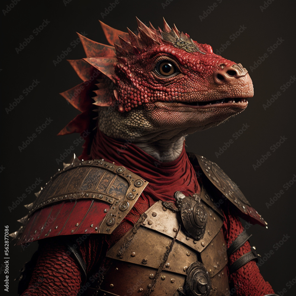 a red kobold covered in scales and wearing dirty battered armor ...