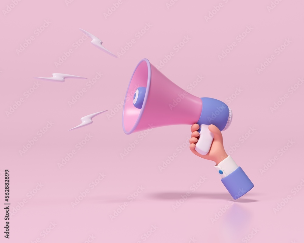 Cartoon hand holding megaphone on pink background with copy space. 3D ...