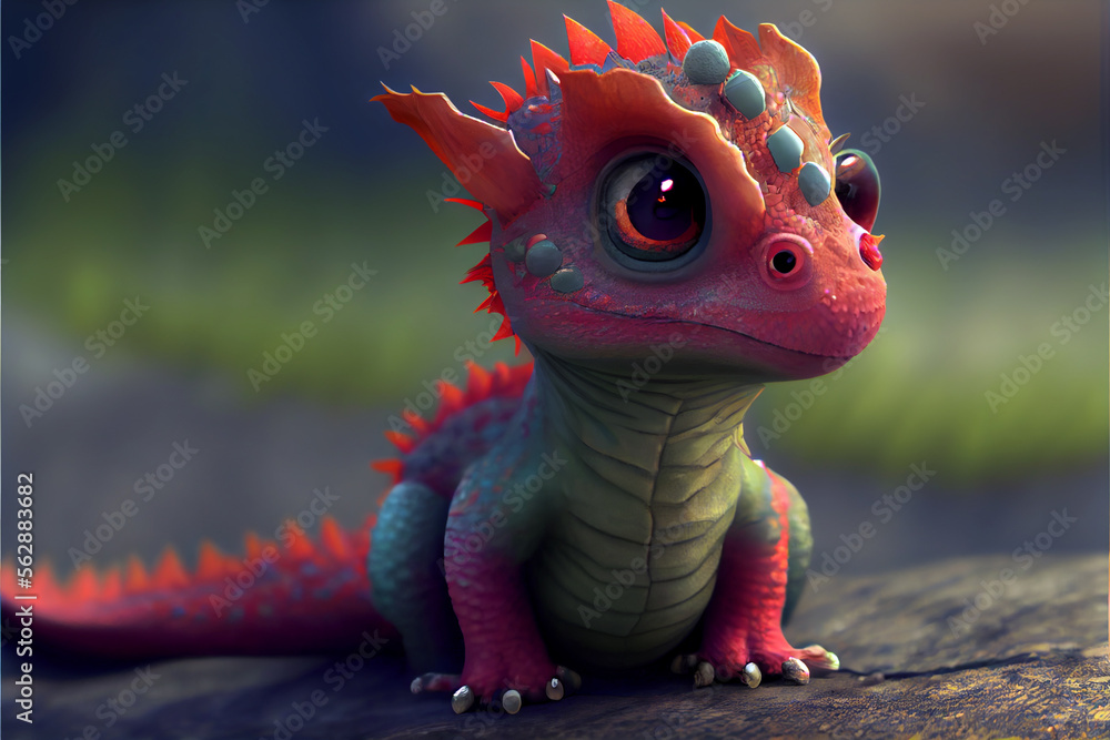 Cute red little baby dragon standing in the peaceful forest. CG artwork ...