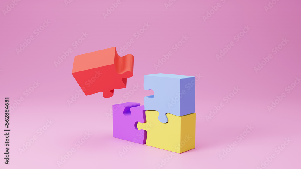 3D jigsaw puzzle pieces on pink background. Problem-solving, business ...