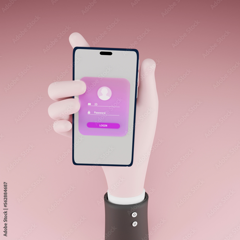 Sign in page on smartphone screen. Hand hold smartphone, finger touch ...