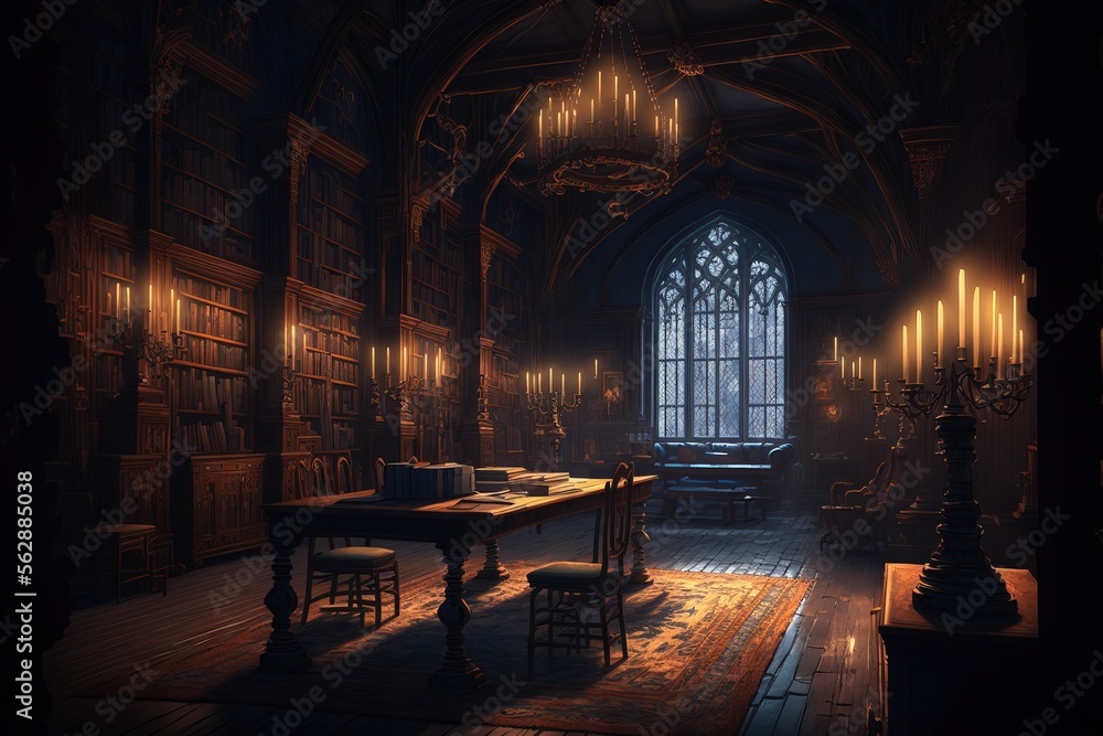 fantasy library in cozy cathedral environment. Generative AI Stock ...