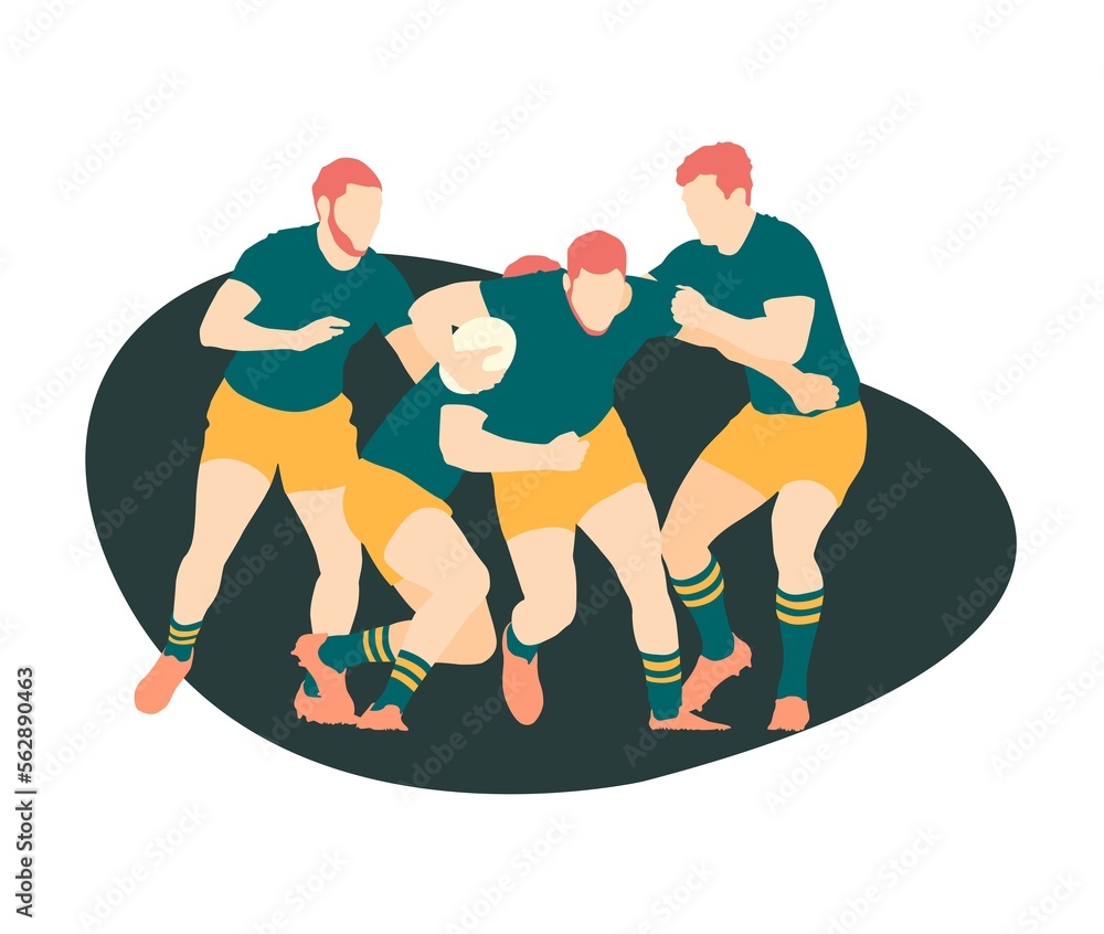 Rugby players playing a rugby game on the field, tacking each other by ...